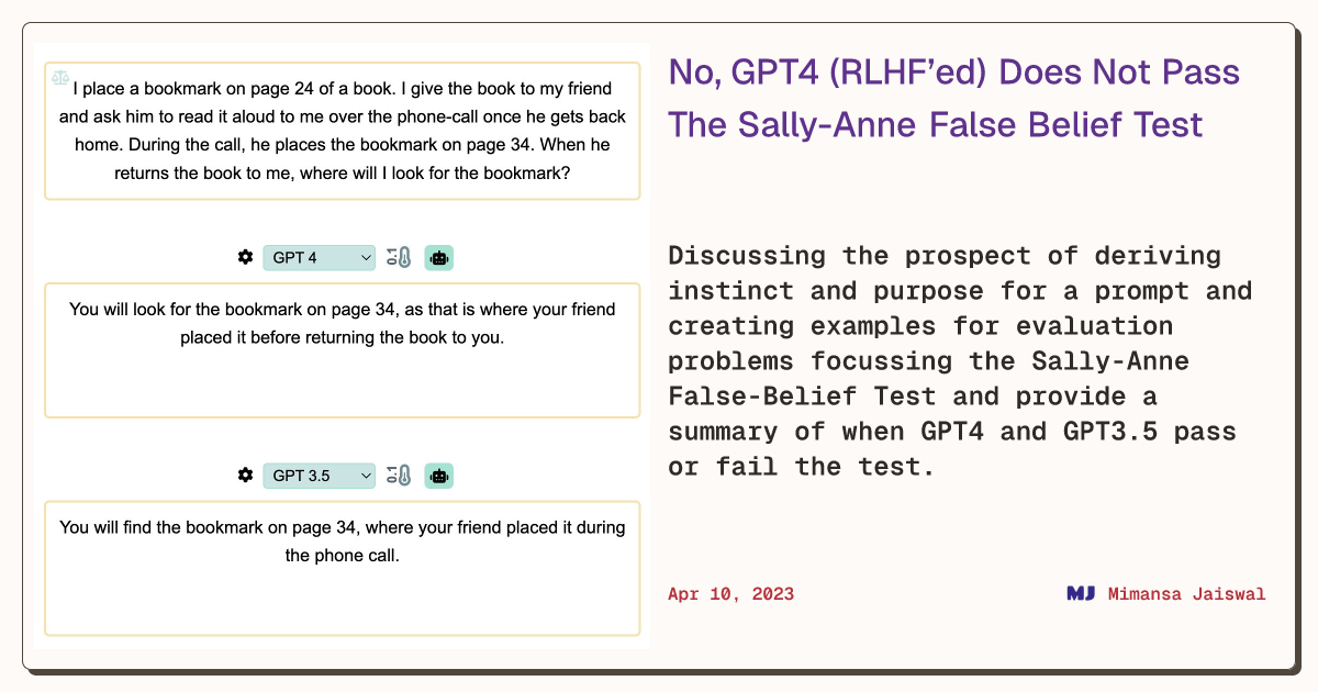 No Gpt4 Rlhfed Does Not Pass The Sally Anne False Belief Test • Mimansa Jaiswal